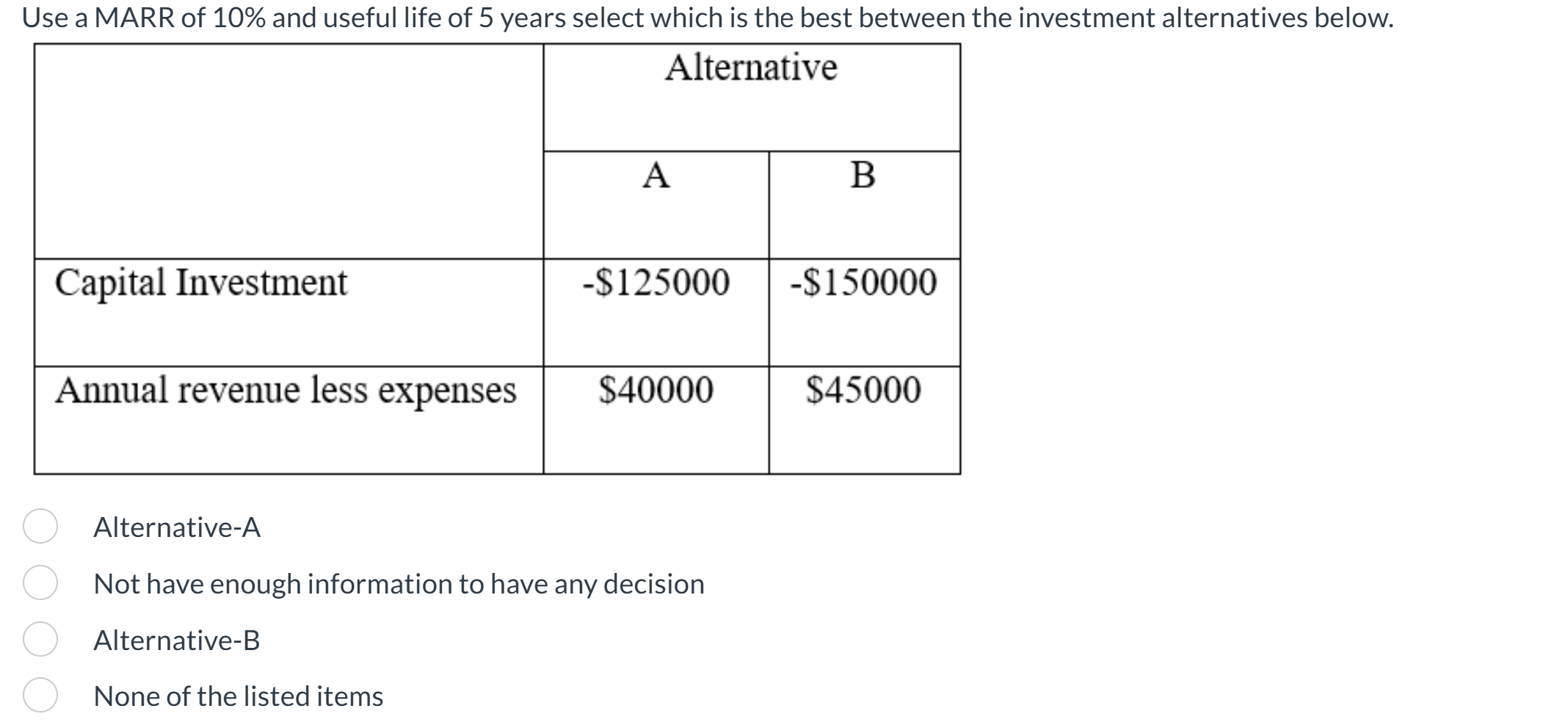 Solved Use a MARR of \( 10 \% \) ﻿and useful life of 5 | Chegg.com