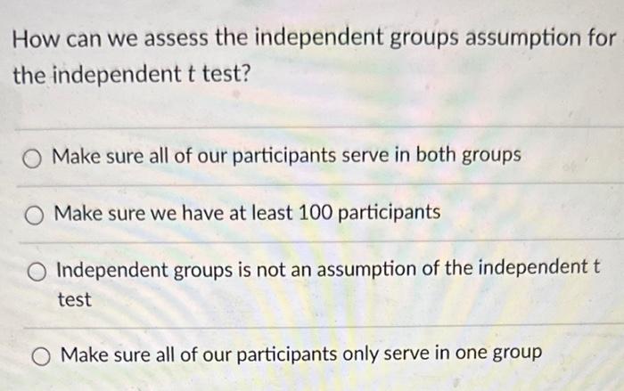Solved How can we assess the independent groups assumption | Chegg.com