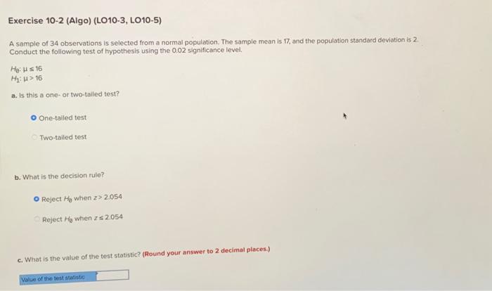 Solved Exercise 10-2 (Algo) (LO10-3, LO10-5) A sample of 34 | Chegg.com