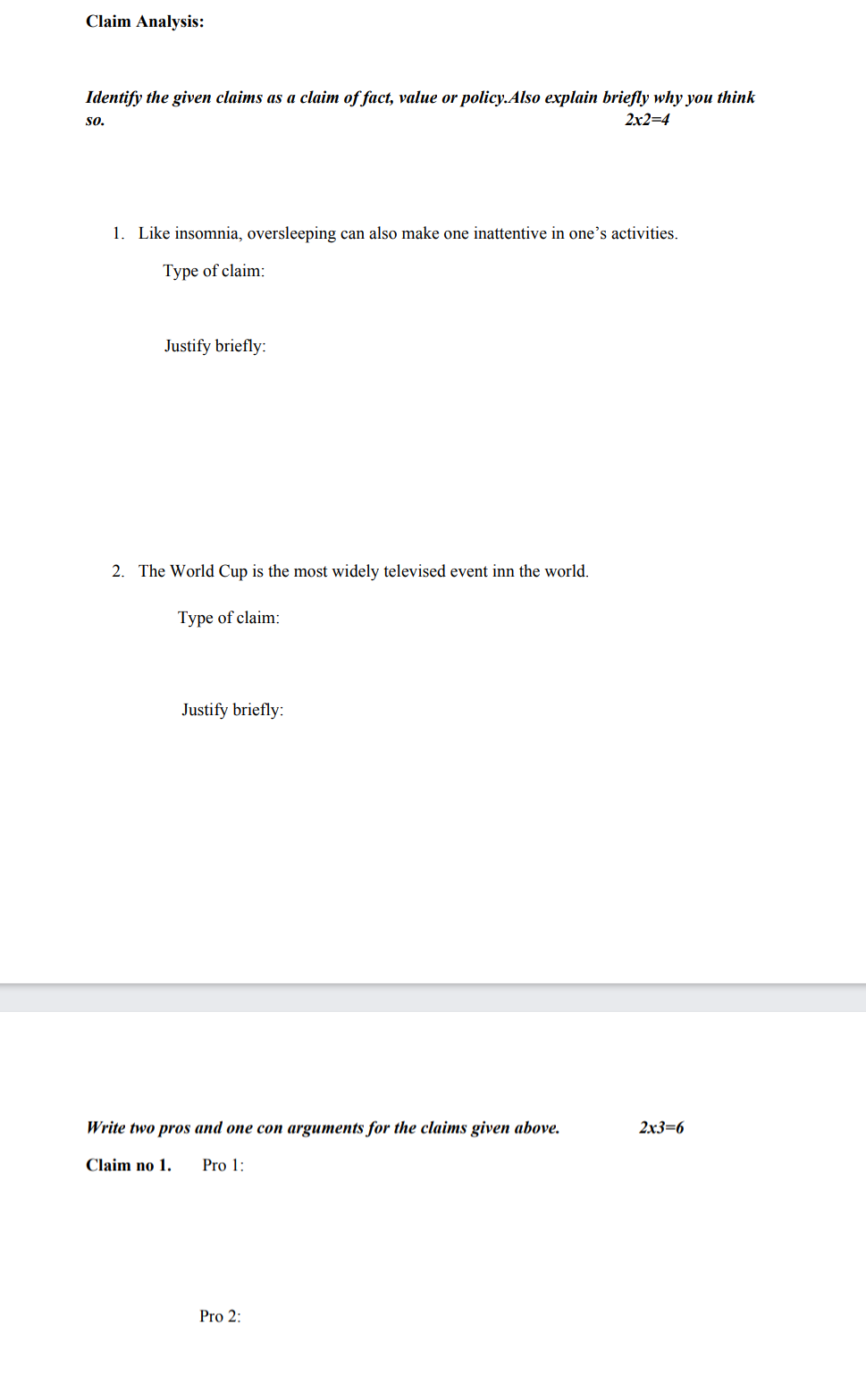 Solved Claim Analysis: Identify the given claims as a claim | Chegg.com