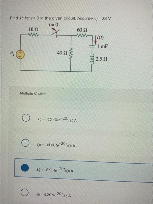 Solved Find rt) for t>0 in the given circuit. Assume vi=28 V | Chegg.com