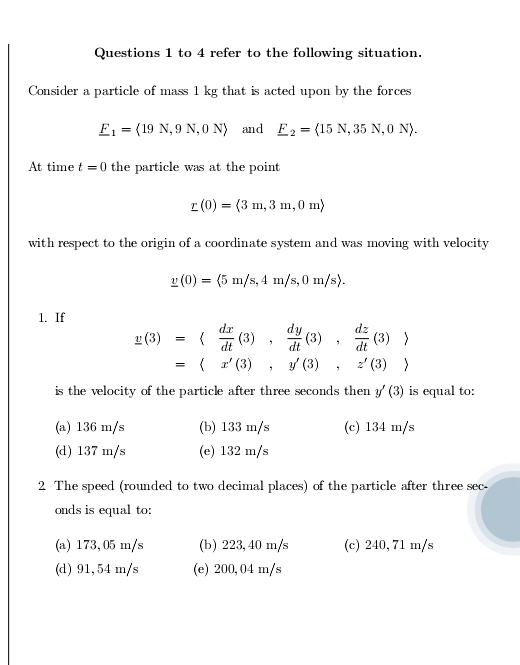Solved Questions 1 to 4 refer To The Following
