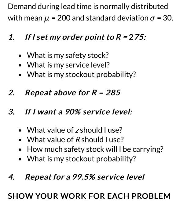 Solved Demand during lead time is normally distributed with | Chegg.com