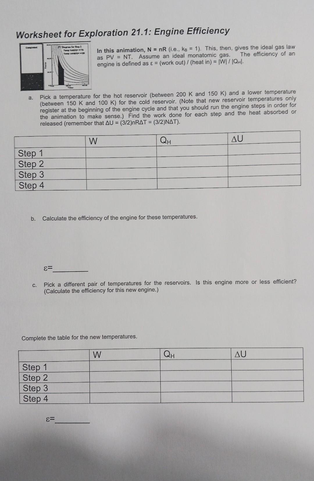 Worksheet for Exploration 21.1: Engine Efficiency In | Chegg.com