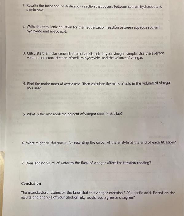 Solved 1. Rewrite the balanced neutralization reaction that | Chegg.com