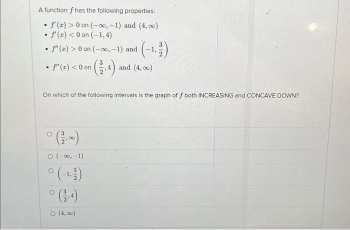 Solved A function f has the following properties: f'(x) > | Chegg.com