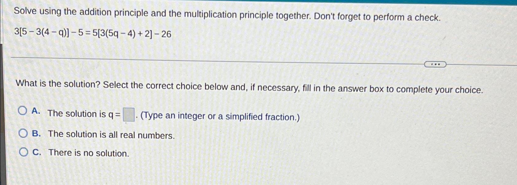 Solved Solve using the addition principle and the | Chegg.com