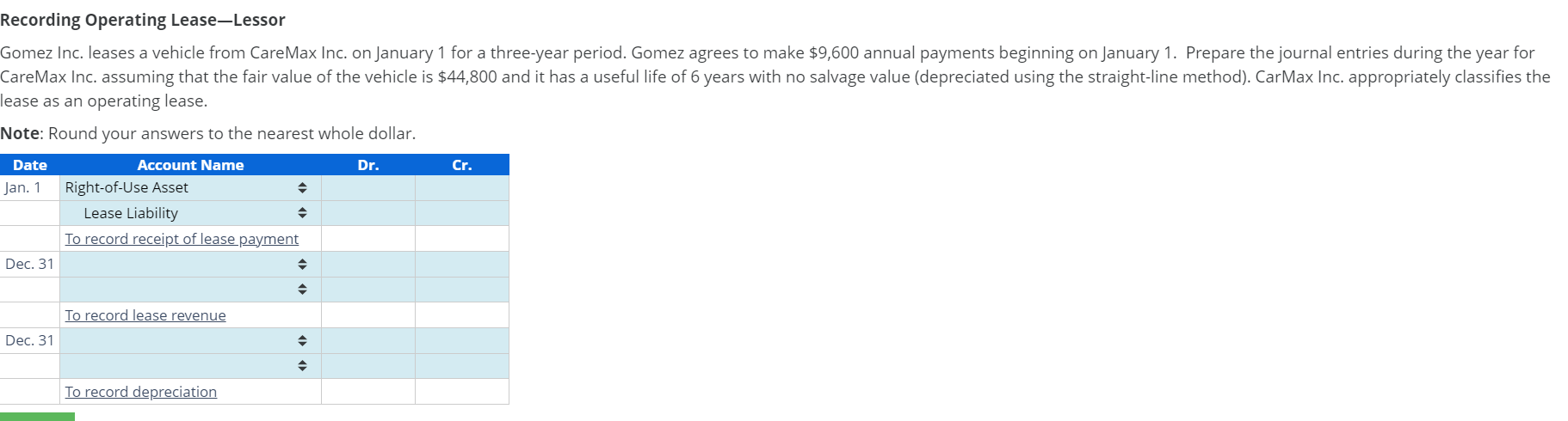 Solved Recording Operating Lease-LessorGomez Inc. leases a | Chegg.com