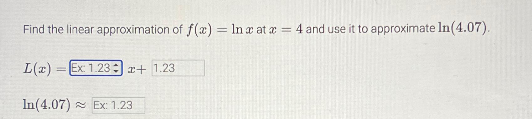 Solved Find the linear approximation of f(x)=lnx ﻿at x=4 | Chegg.com