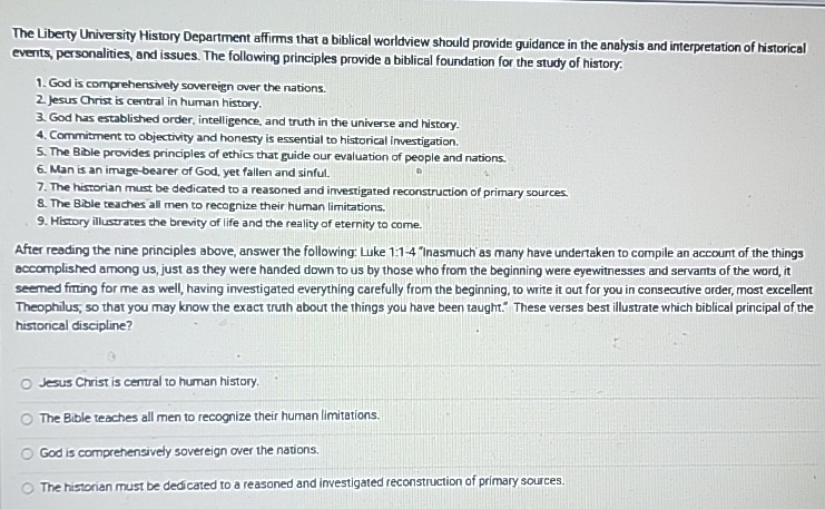 Solved The Liberty University History Department affirms | Chegg.com