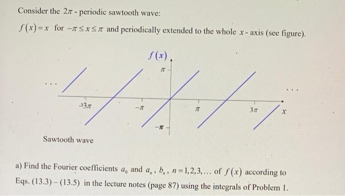 Solved Consider the 2π-periodic sawtooth wave: f(x)=x for | Chegg.com