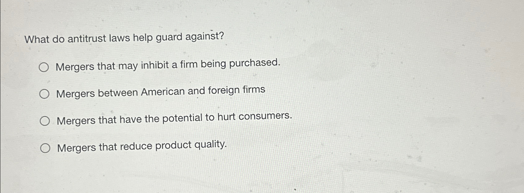Solved What do antitrust laws help guard against?Mergers | Chegg.com