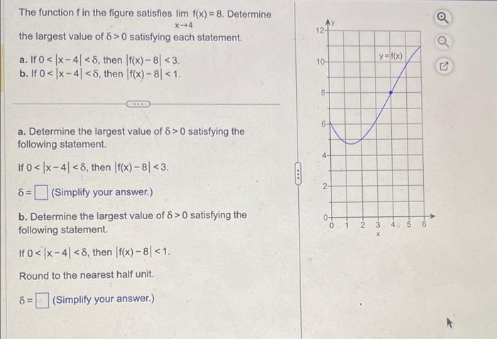 Solved The function f in the figure satisfies limx→4f(x)=8. | Chegg.com