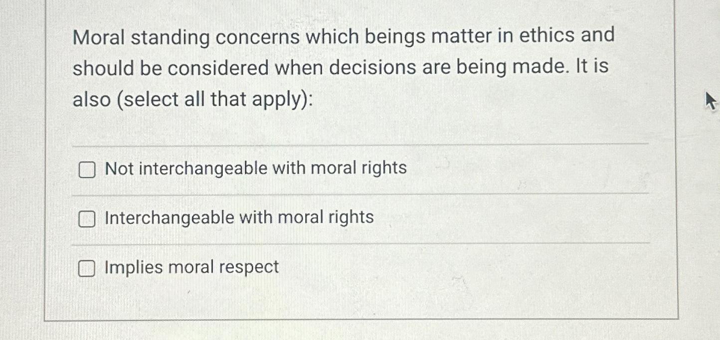Solved Moral standing concerns which beings matter in ethics | Chegg.com