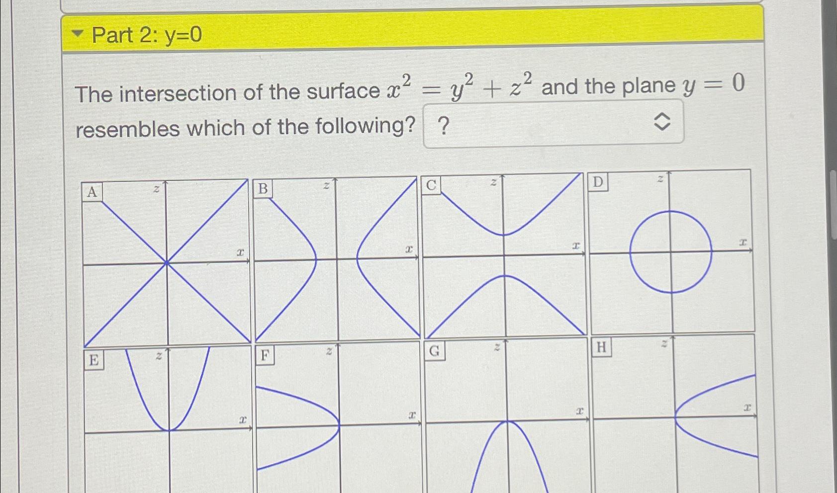 Solved Part 2: y=0The intersection of the surface x2=y2+z2 | Chegg.com