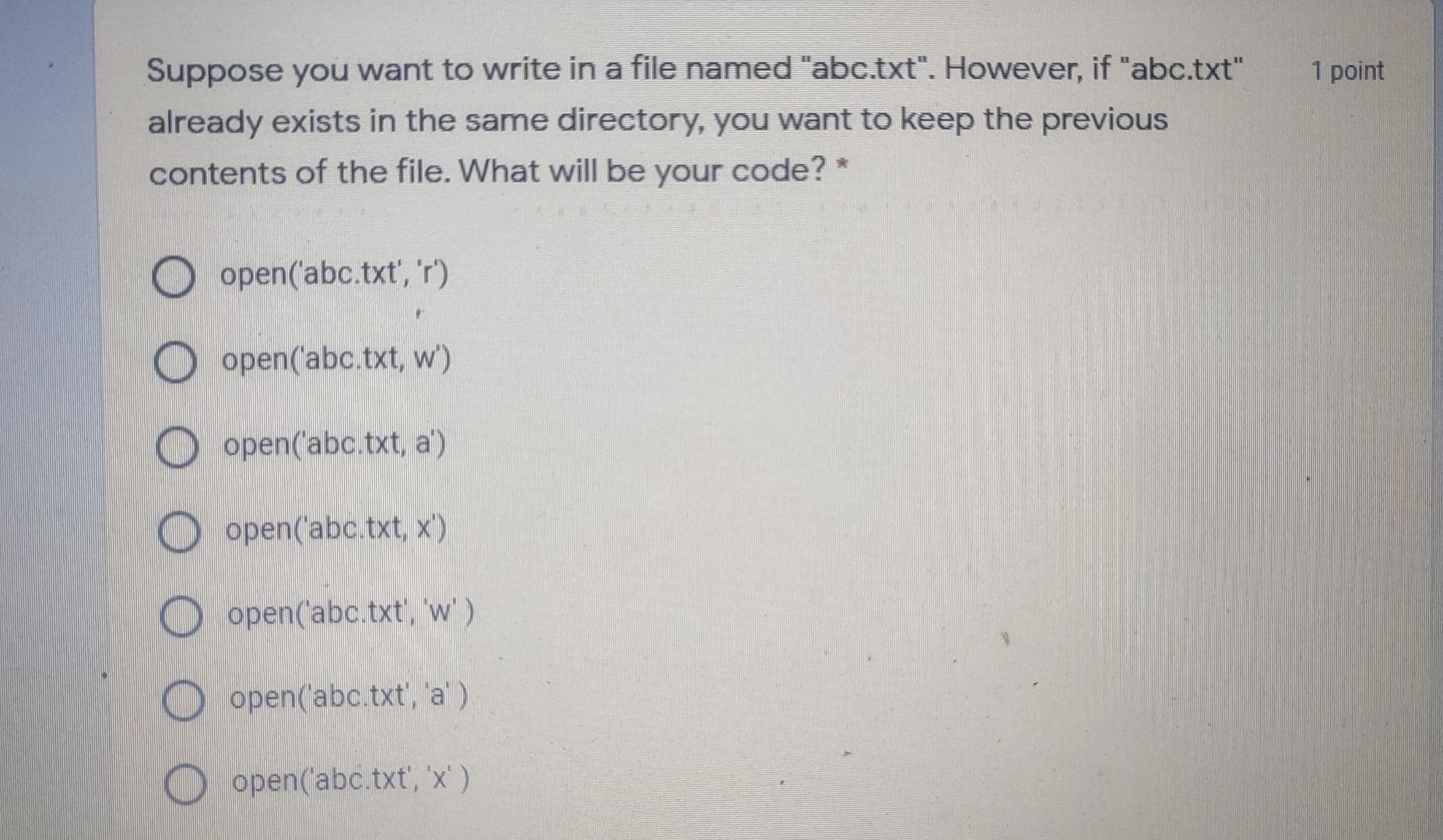 Solved 1 point Suppose you want to write in a file named | Chegg.com