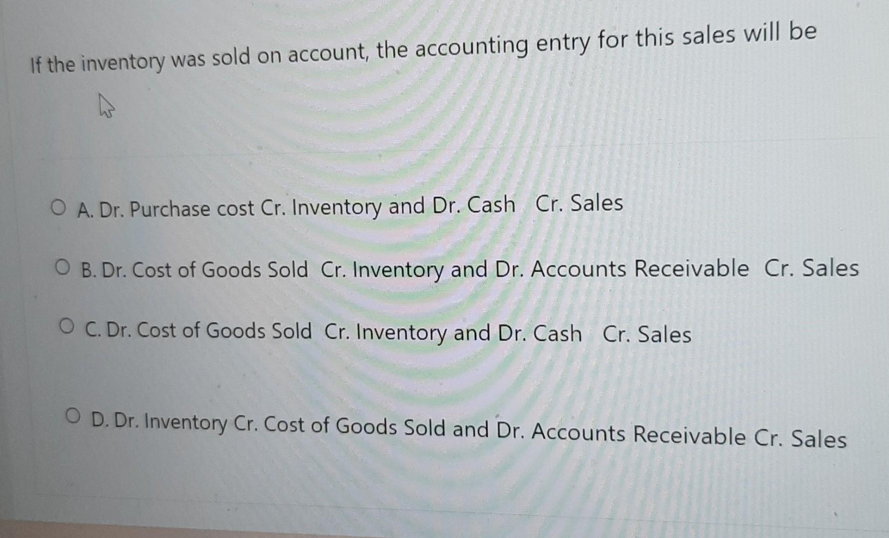 Solved If the inventory was sold on account, the accounting | Chegg.com