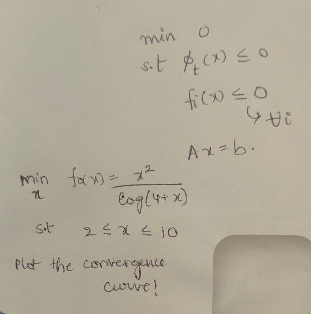 minxf∘(x)=log(4+x)x2 s.t 2⩽x⩽bfi(x)≤0 Plat the | Chegg.com
