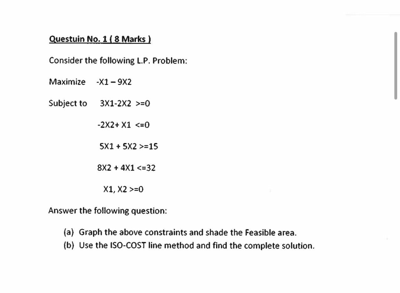Solved Questuin No. 1 (8 ﻿Marks)Consider the following L.P. | Chegg.com