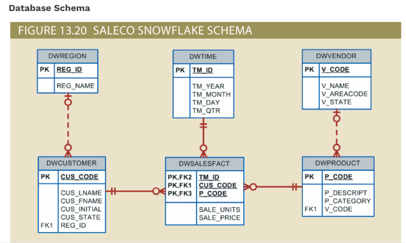 Solved Database SchemaFIGURE 13.20 ﻿SALECO SNOWFLAKE | Chegg.com