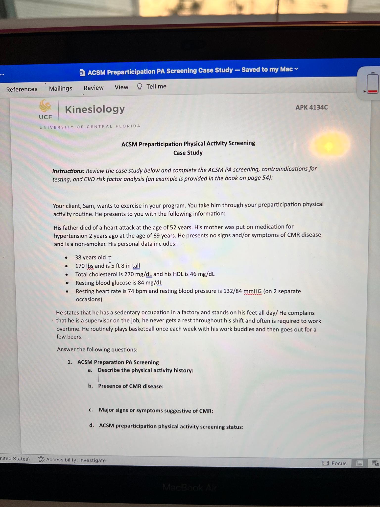 Solved ACSM Preparticipation PA Screening Case Study - | Chegg.com