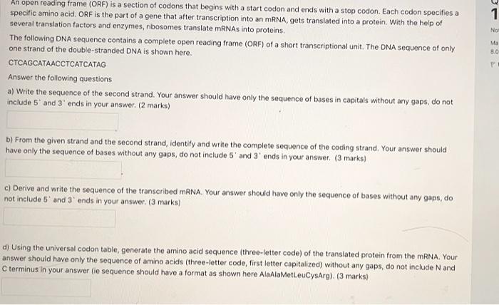 Solved An open reading frame (ORF) is a section of codons | Chegg.com