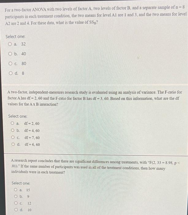 Solved For a two-factor ANOVA with two levels of factor A, | Chegg.com