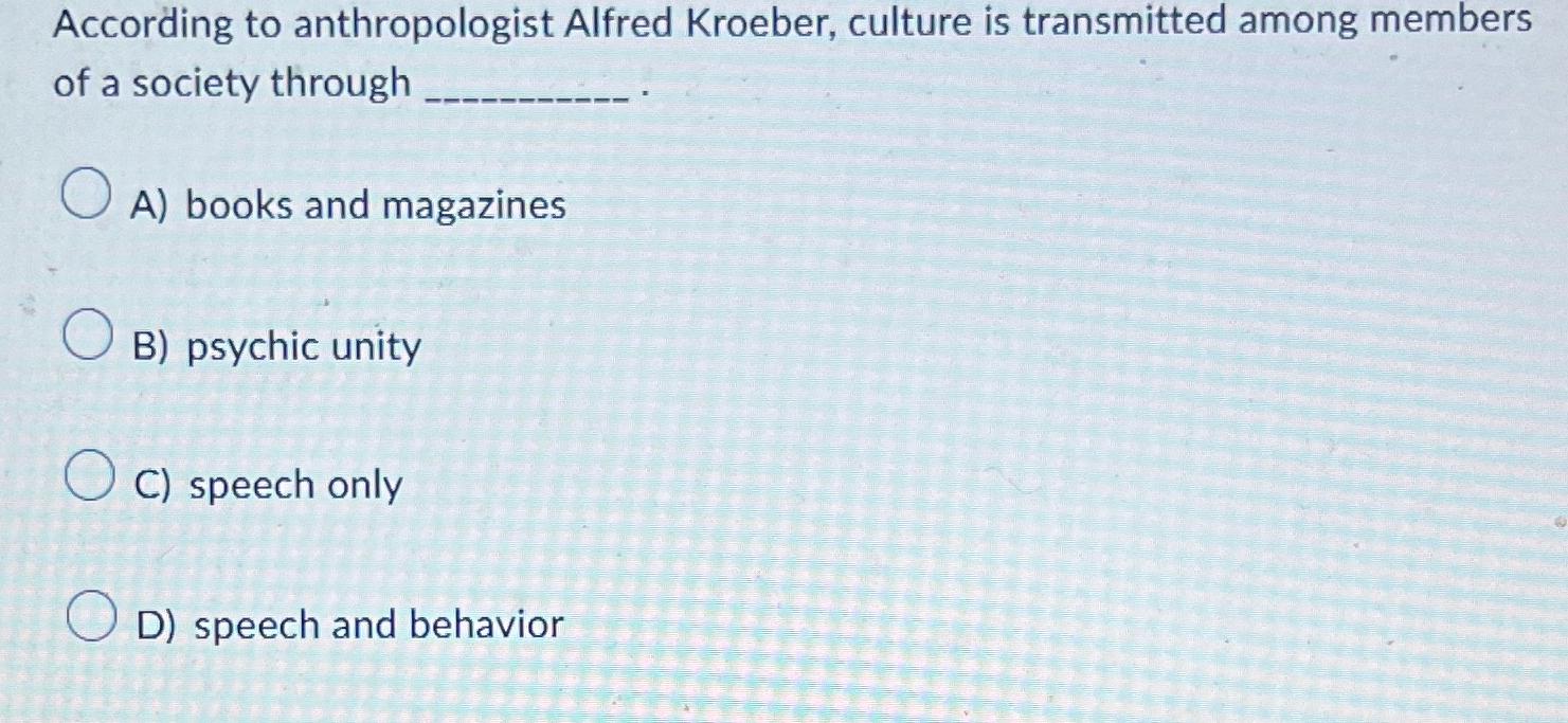 Solved According to anthropologist Alfred Kroeber, culture | Chegg.com