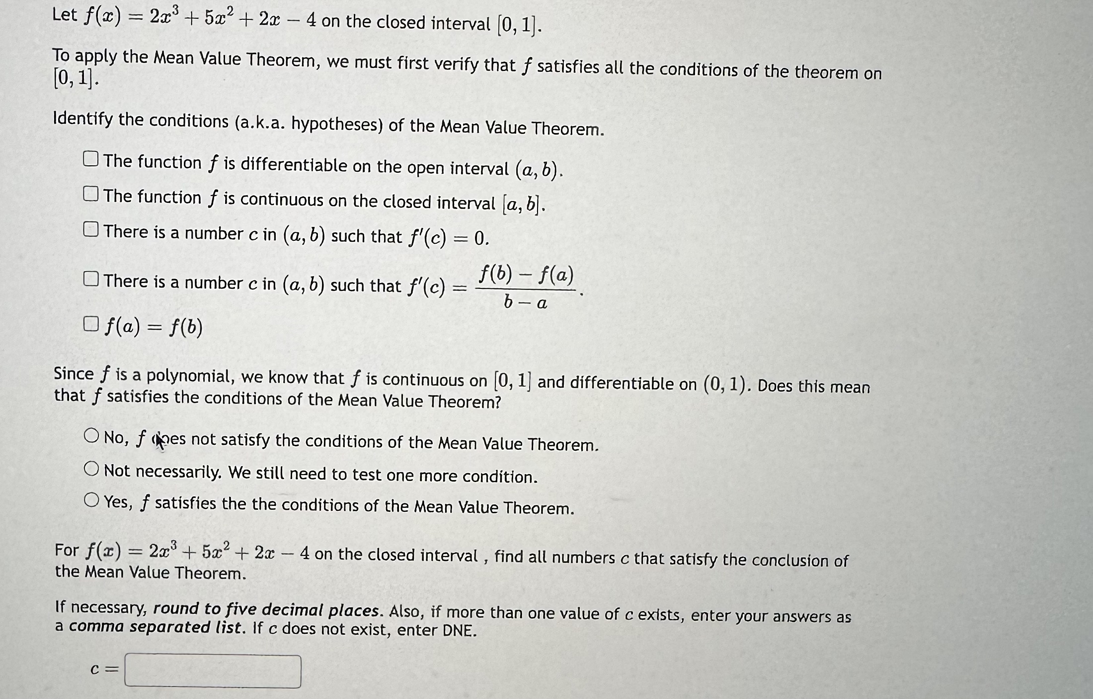 Solved Let f(x)=2x3+5x2+2x-4 ﻿on the closed interval 0,1.To | Chegg.com