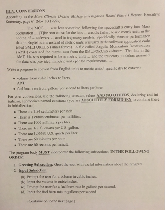 Solved III.A. CONVERSIONS According to the Mars Climate | Chegg.com