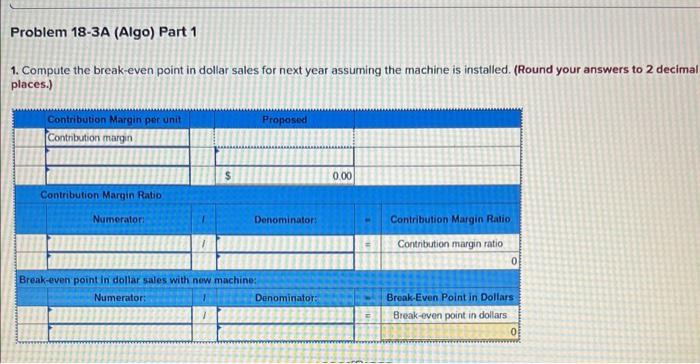 Solved Problem 18-3A (Algo) Break-even analysis; income | Chegg.com