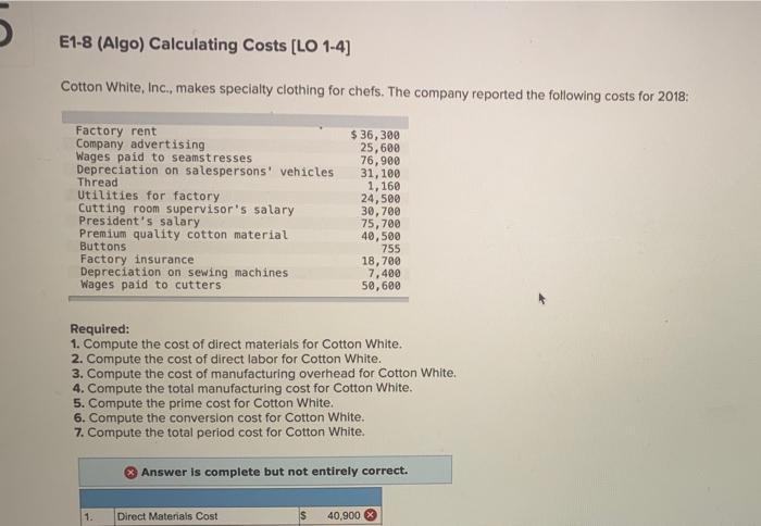 Solved E1-8 (Algo) Calculating Costs [LO 1-4] Cotton White, | Chegg.com