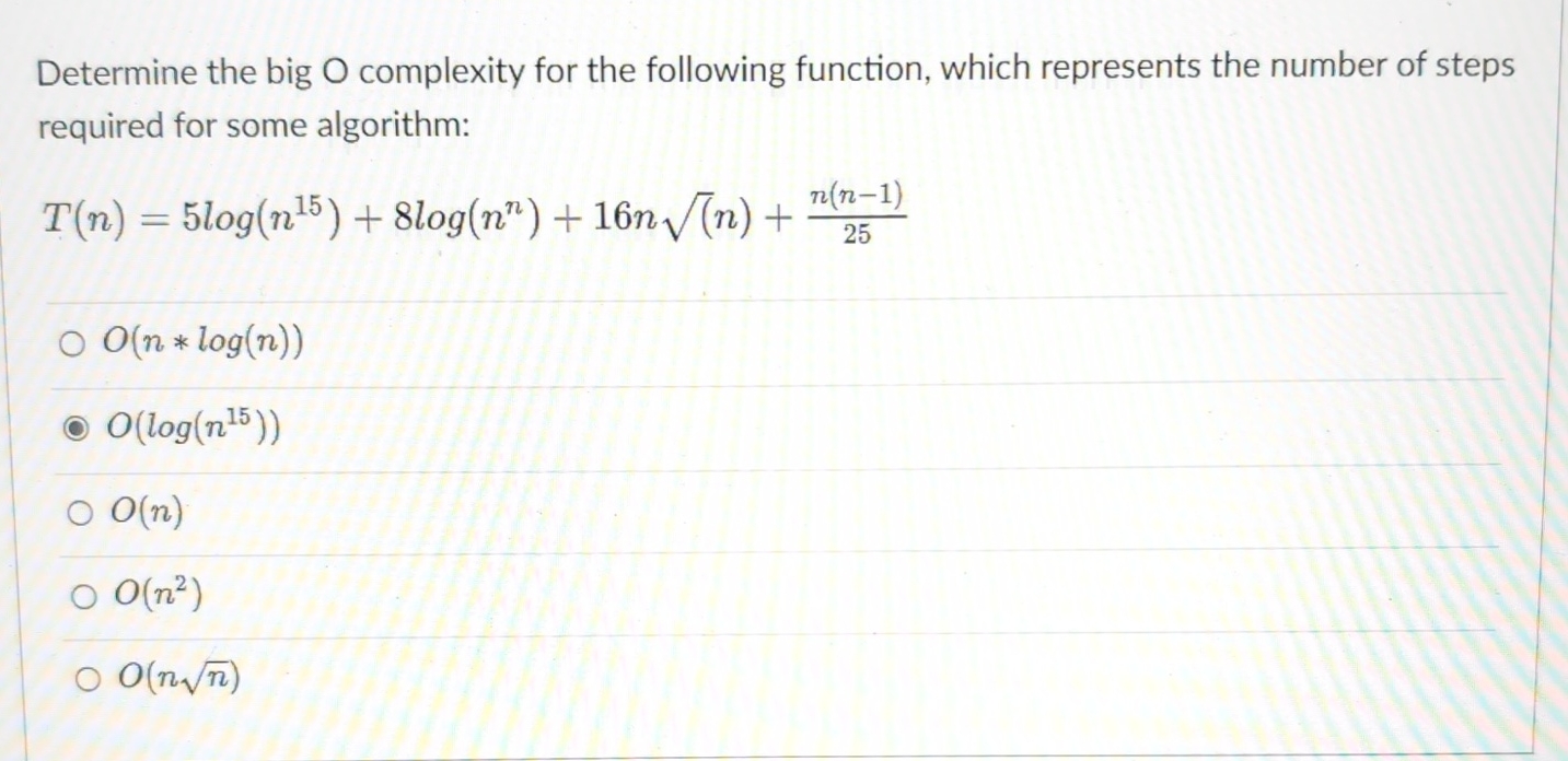 Solved Determine the big O complexity for the following | Chegg.com