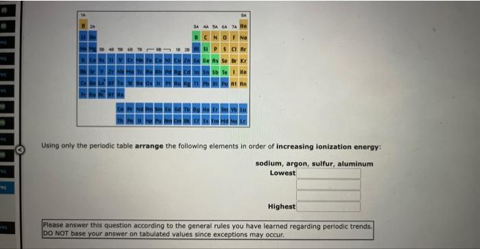 Solved Using only the periodic table arrange the following | Chegg.com