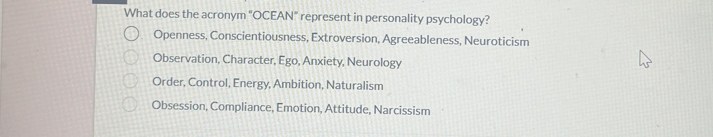 Solved What does the acronym "OCEAN" represent in | Chegg.com