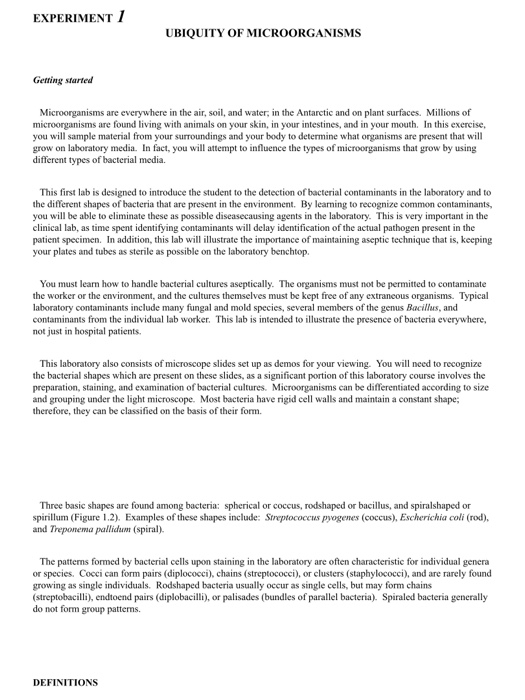 Solved EXPERIMENT 1 UBIQUITY OF MICROORGANISMS Getting | Chegg.com