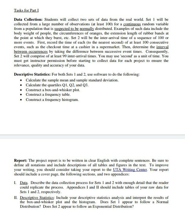 Tasks for Part I Data Collection: Students will | Chegg.com