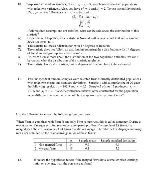 Solved 10. Suppose two random samples, of size n = n = 9, | Chegg.com