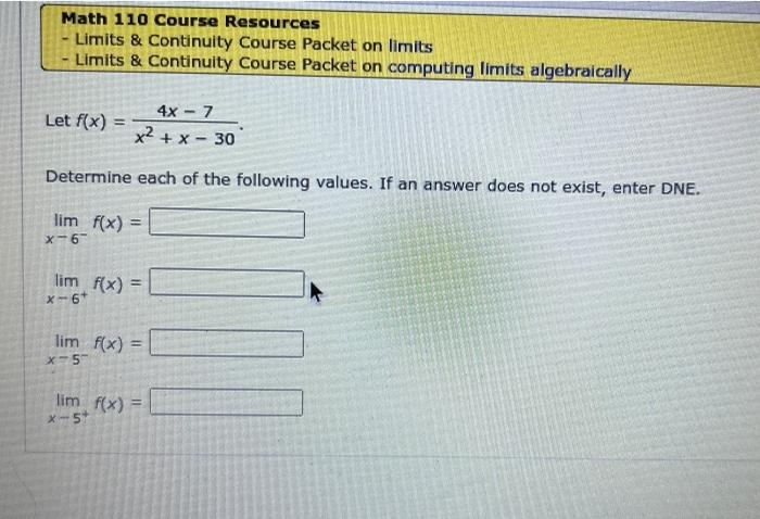 Solved Math 110 Course Resources - Limits \& Continuity | Chegg.com