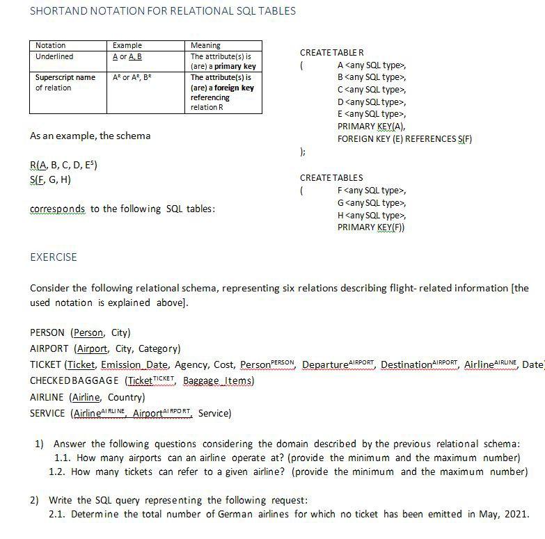 Solved SHORTAND NOTATION FOR RELATIONAL SQL TABLES Notation | Chegg.com