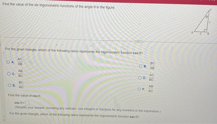 Solved Find the value of the six trigonometric functions of | Chegg.com