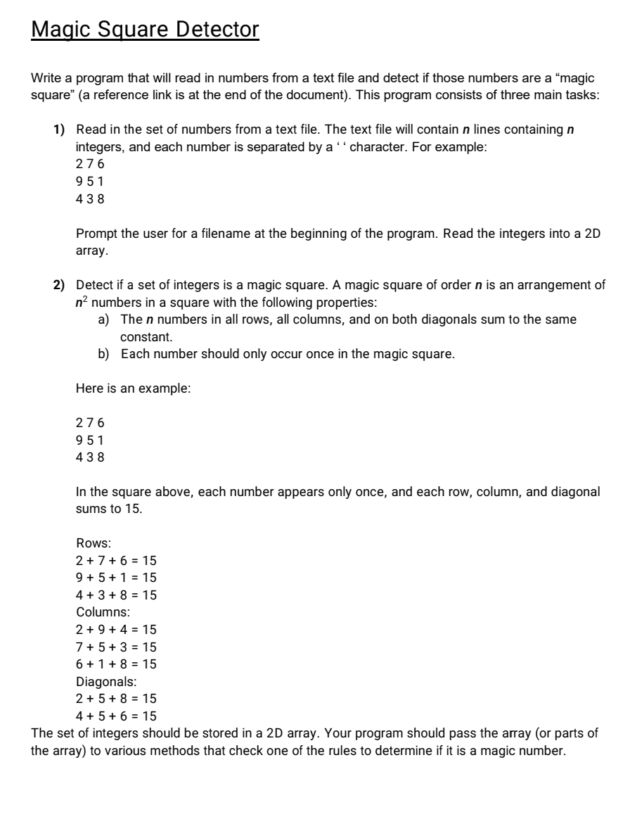 Solved Magic Square Detector Write a program that will read | Chegg.com