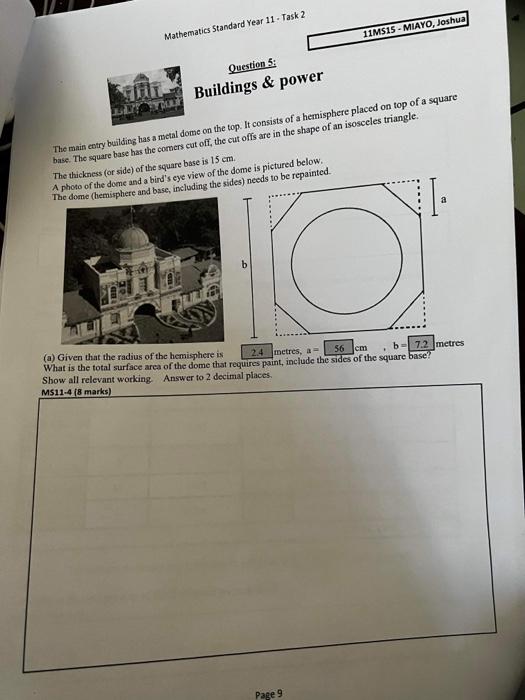 Solved Mathematics Standard Year 11- Task 2 11MS15-MIAYO, | Chegg.com