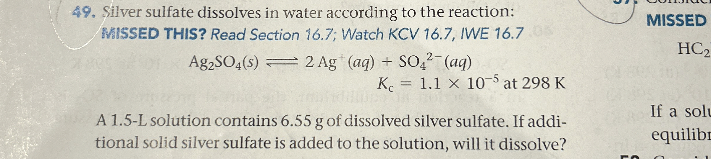 Solved Silver sulfate dissolves in water according to the | Chegg.com