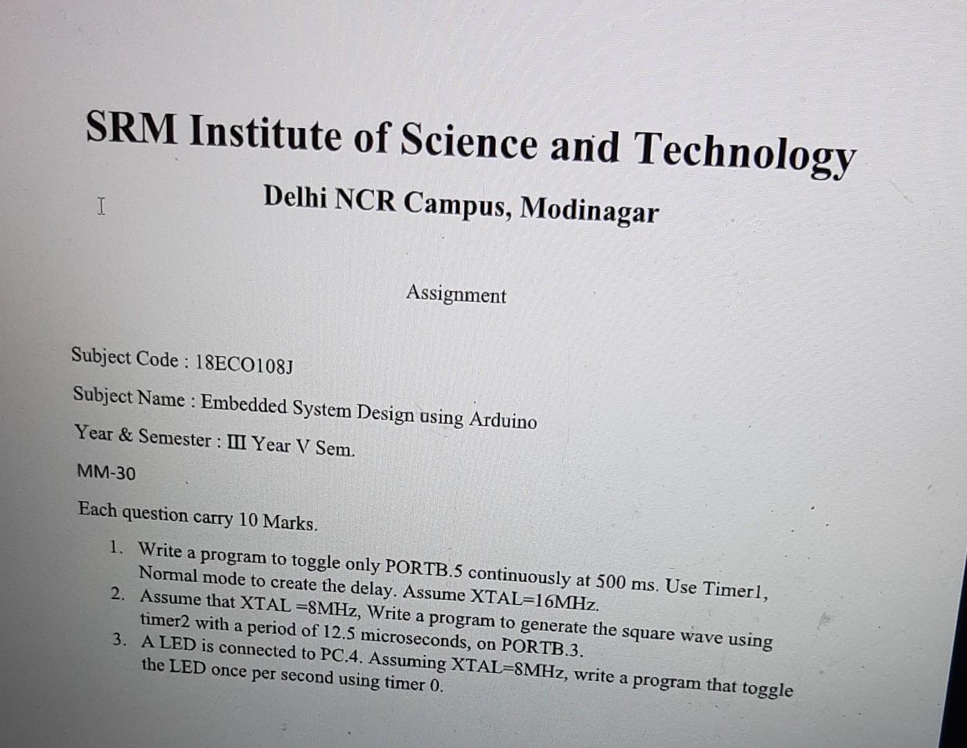 Solved SRM Institute of Science and Technology Delhi NCR | Chegg.com