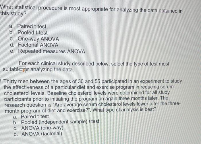 Solved What statistical procedure is most appropriate for | Chegg.com