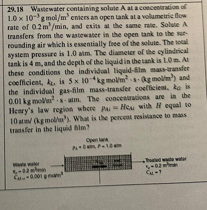 Solved 29.18 ﻿Wastewater containing solute A ﻿at a | Chegg.com