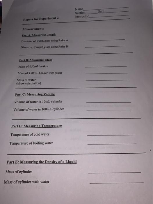 Date Name Section Instructor Report for Experiment 2 | Chegg.com