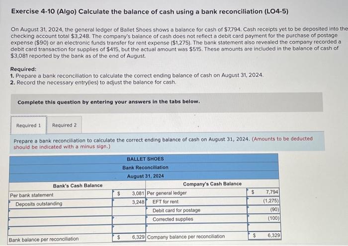 Solved Exercise 4-10 (Algo) Calculate the balance of cash | Chegg.com