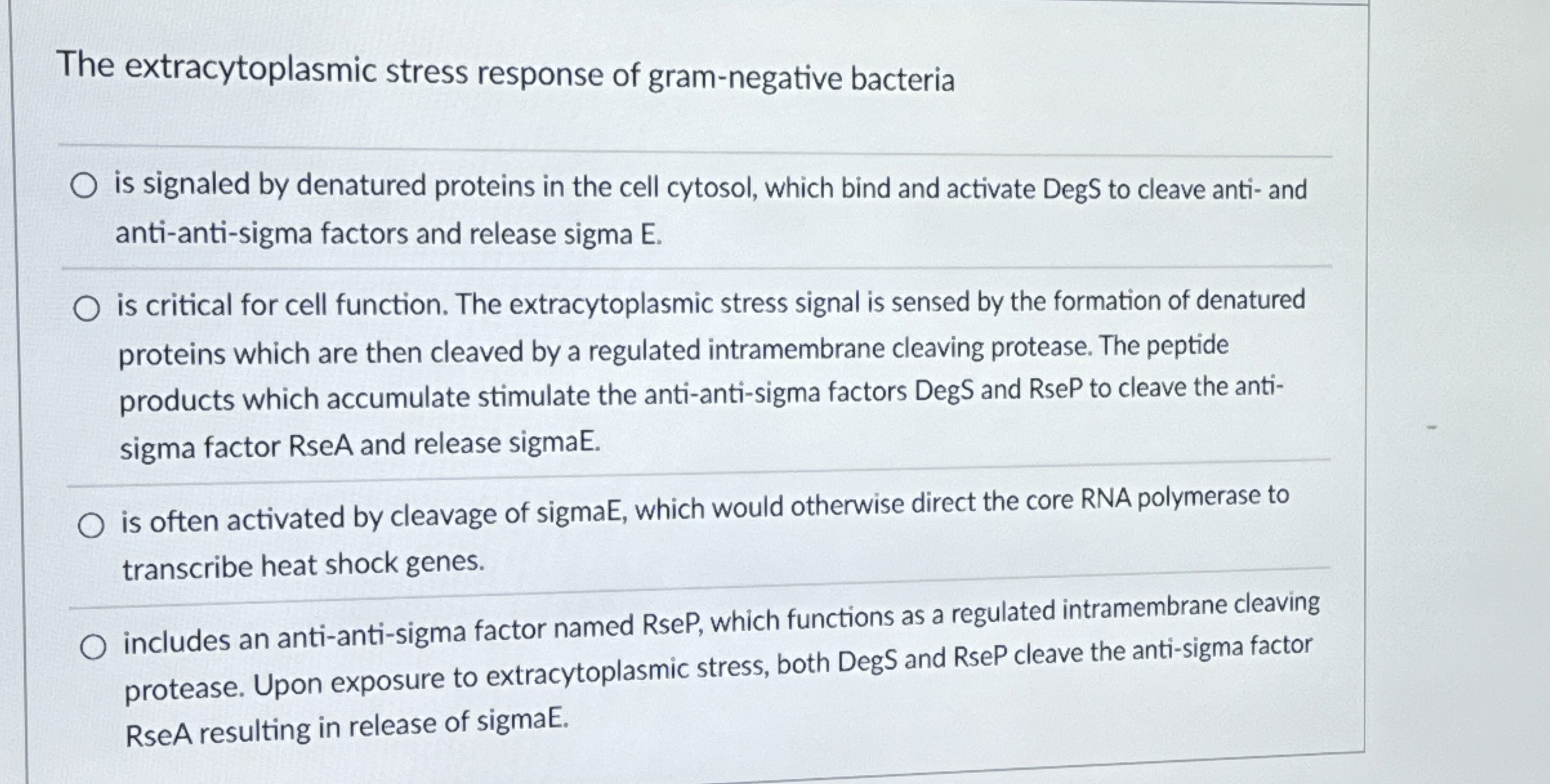[Solved]: The extracytoplasmic stress response of gram-negat